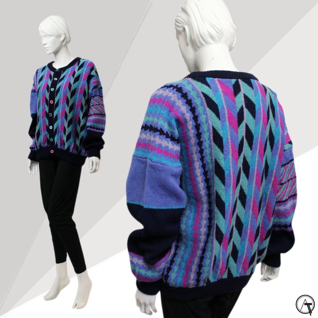 Vintage 80s Purple Pink Blue Wool Jumper, ANNIE HALL, Abstract Knit ...