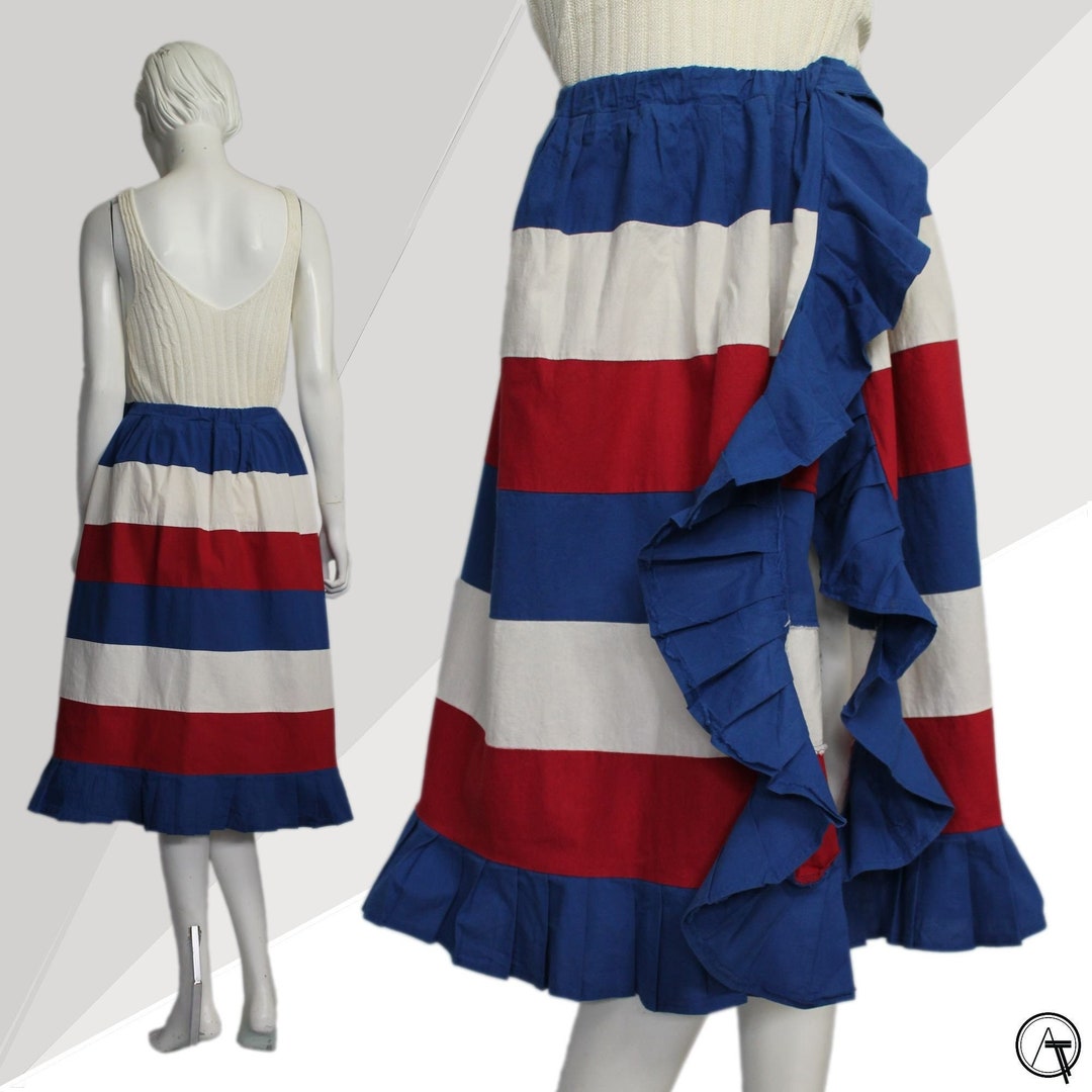 Red White Blue Ruffle Wrap Skirt: Handmade Cotton Color Block - Etsy