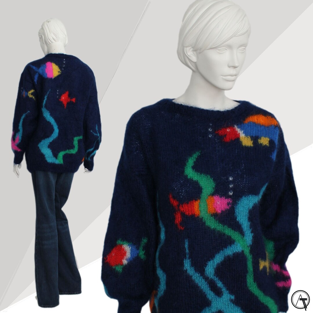 Vintage Fish Mohair Wool Jumper, Fish Knit, Under the Sea Jumper, Blue ...