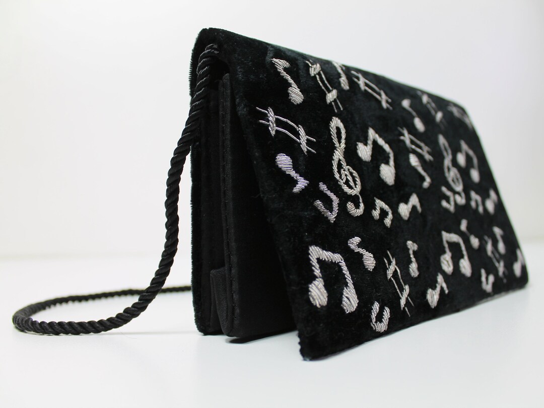 Black Music Notes Purse, Black Velvet Purse, 80s Shoulder Clutch Bag ...