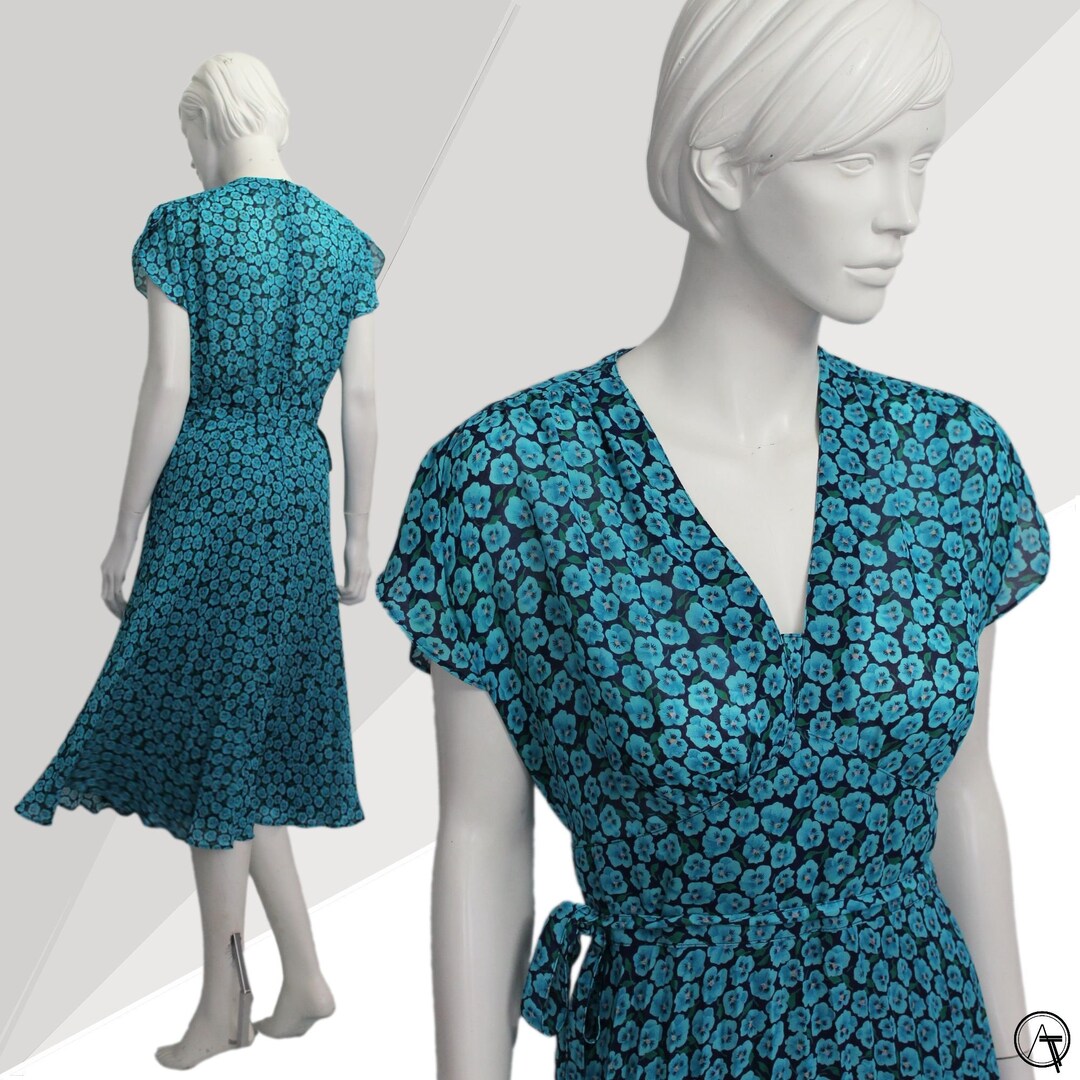 Forget Me Not Dress, 80s Blue Floral Dress, Pleats, Belted Dress, Ditzy ...