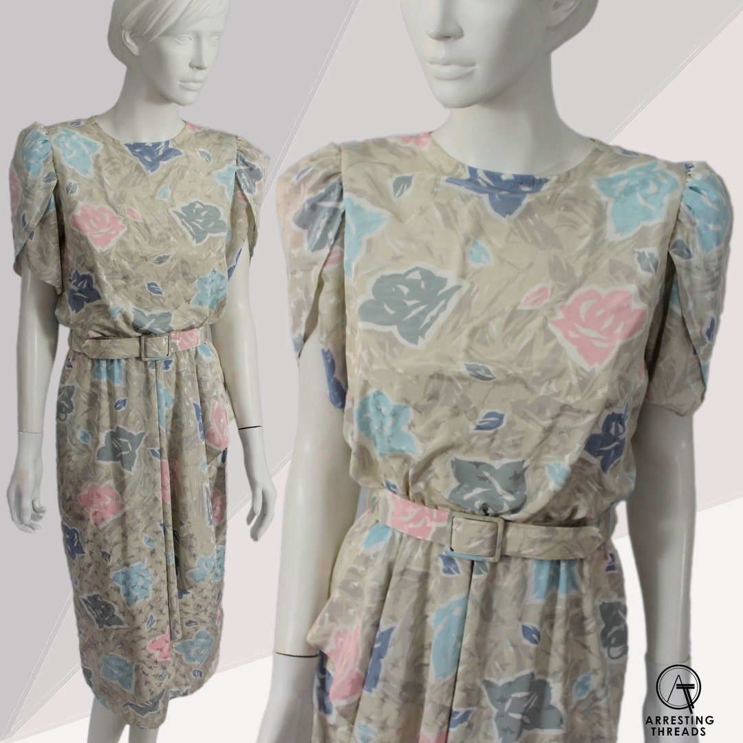 80s Vintage Shimmer Fantasy Pastel Floral Print Dress, Pink Blue Dress ...
