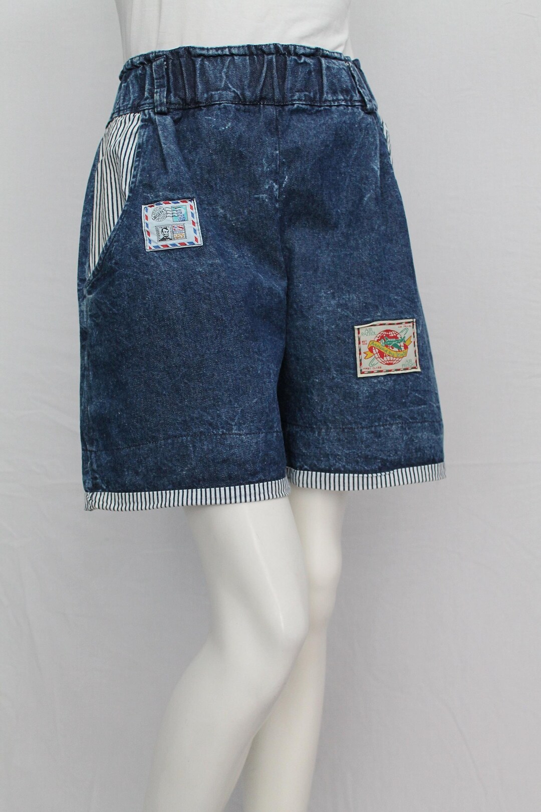 Vintage 80s Denim Jorts: Acid Wash Patch Shorts, Dark Navy Cotton - Etsy