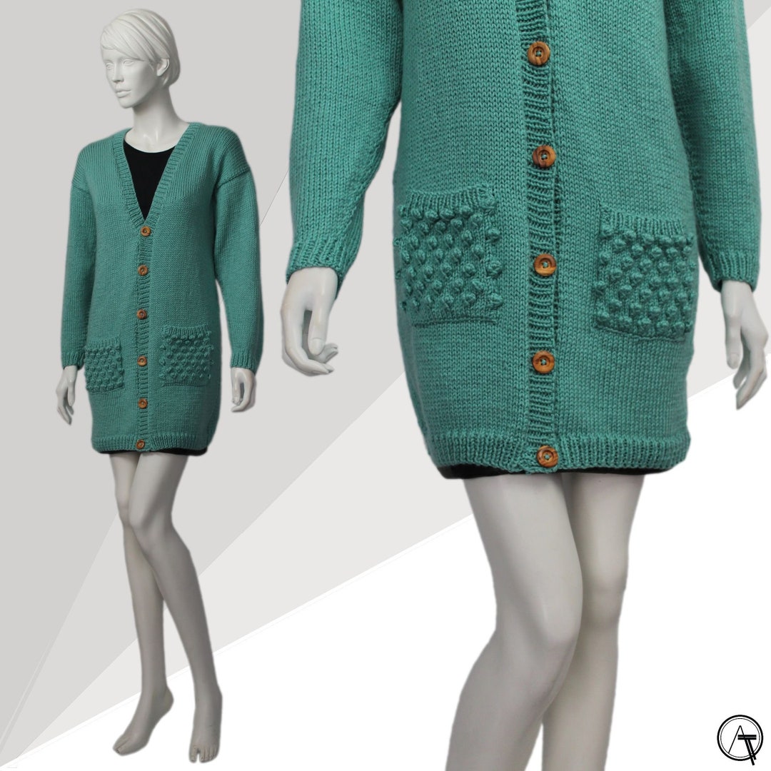 Mint Green Wool Handknitted Cardigan, Bobble Detail Cardigan, Long ...