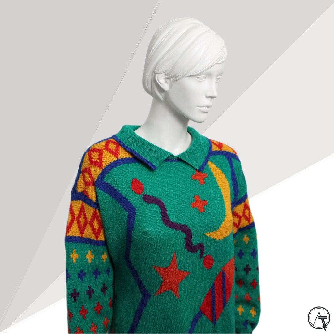 80s Vintage Wool Jumper: Green Space Rocket Knit - Etsy