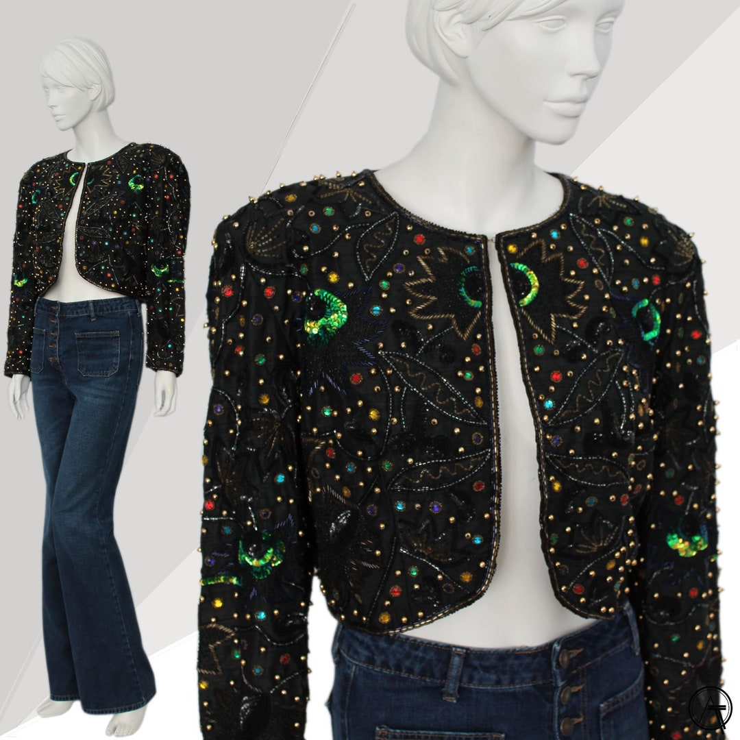 Silk Sequined Gem Embellishment Jacket, Vintage 80s Silk Bolero, Sequined Jacket, Sparkly ...