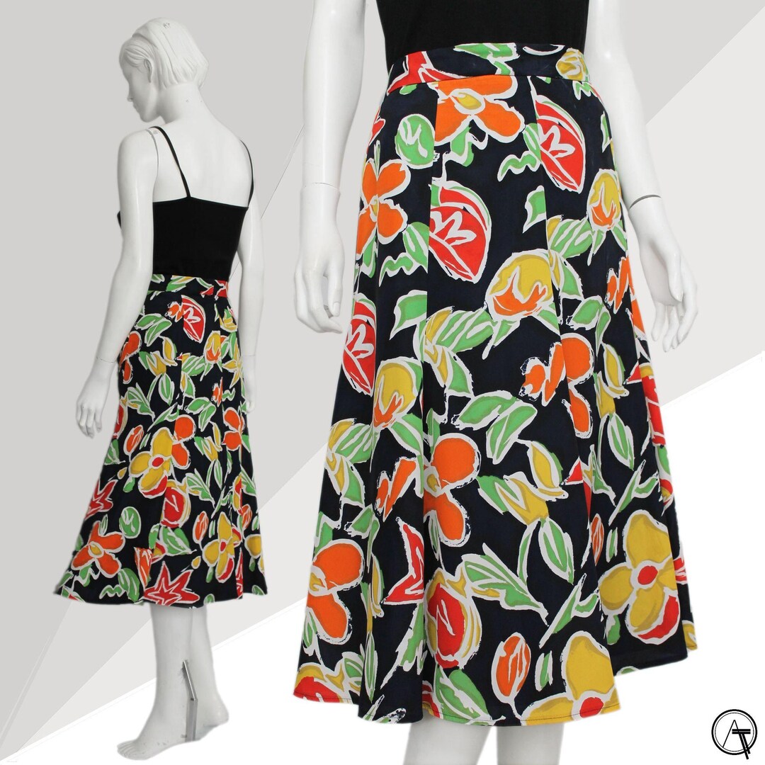1980s Tropical Print Skirt: Jacques Vert Black Floral Lemons - Etsy