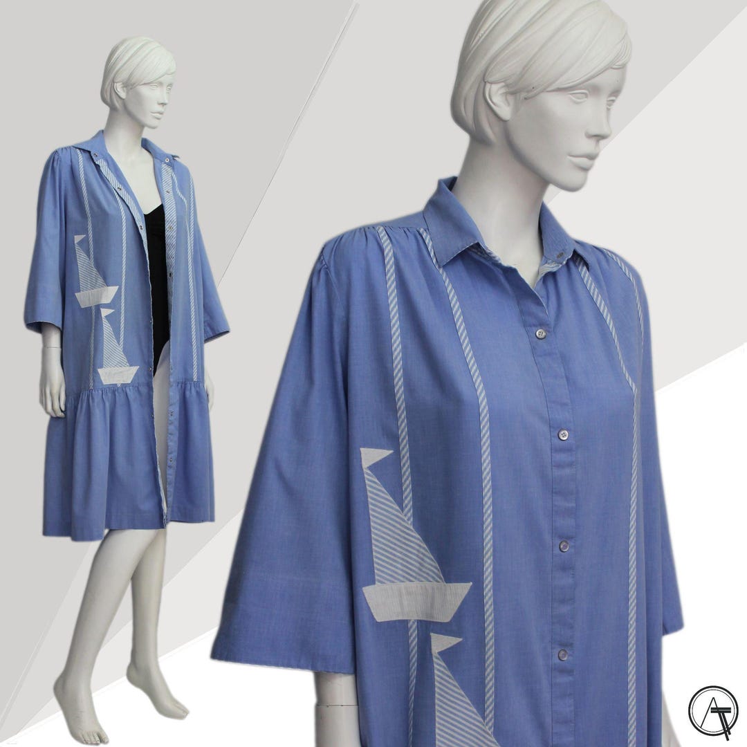 Vintage Nautical Yacht Dress Robe, 80s Vintage, Blue White, Boat ...