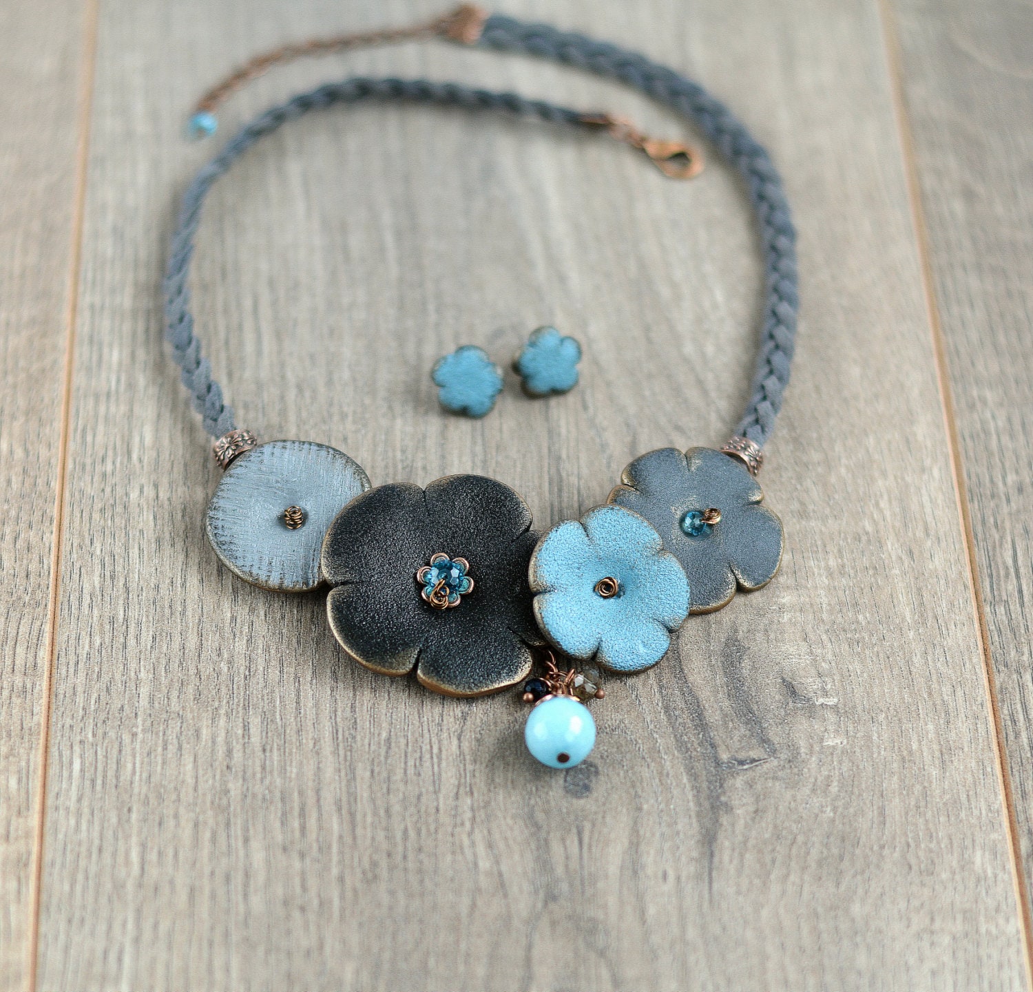 Chunky Bib Necklace Statement Floral Bib Necklace Blue Flowers Jewelry ...