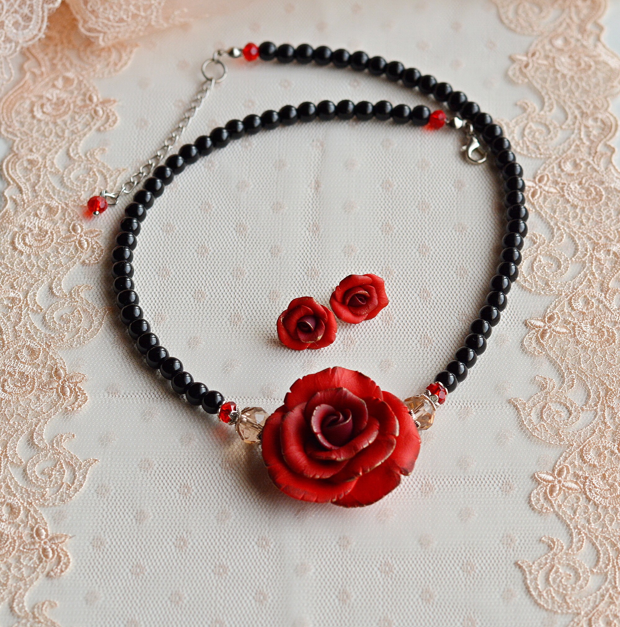Statement Beaded Necklace Red Rose Necklace Red Black Jewelry Wedding ...