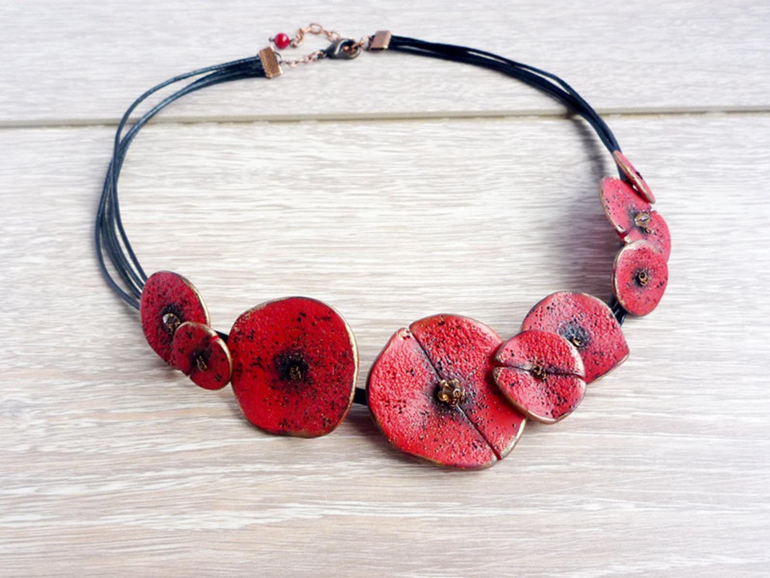 Poppy Necklace, Red Floral Necklace, Stylised Poppy, Art Poppy Necklace ...