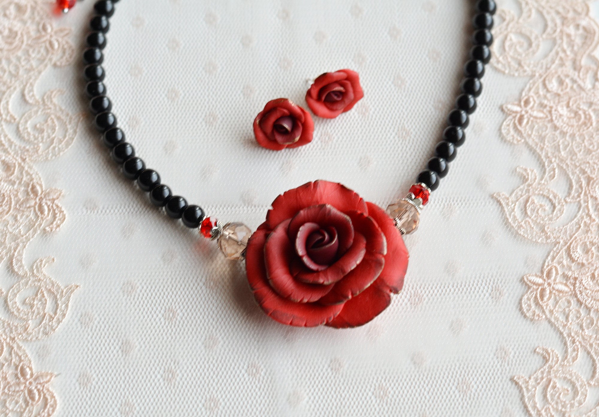 Statement Beaded Necklace Red Rose Necklace Red Black Jewelry Wedding ...