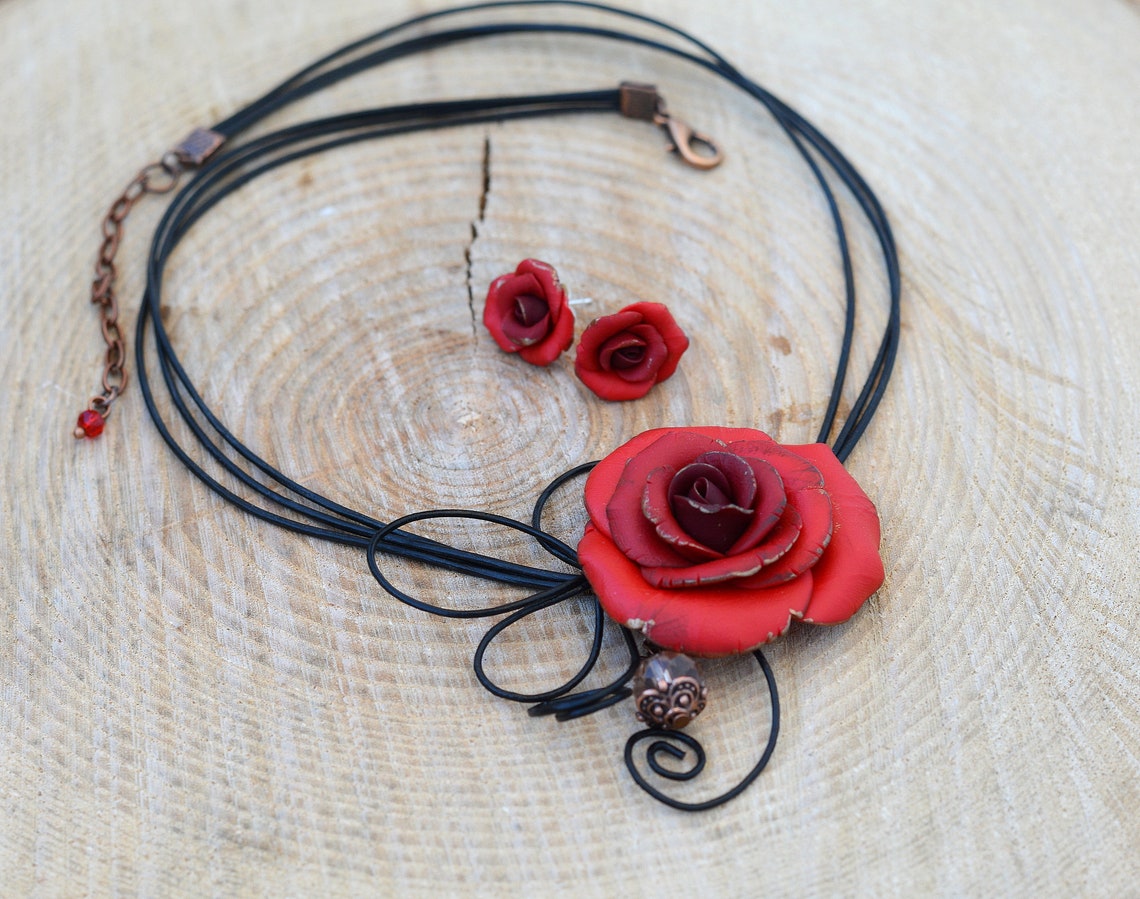 Red Rose Necklace Red Floral Necklace Red Rose Jewelry Set Anniversary ...