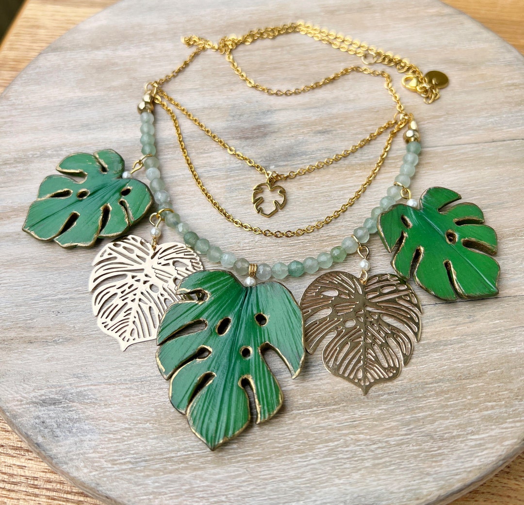 Monstera Leaf Necklace, Green and Gold Tropical Leaves Jewelry ...