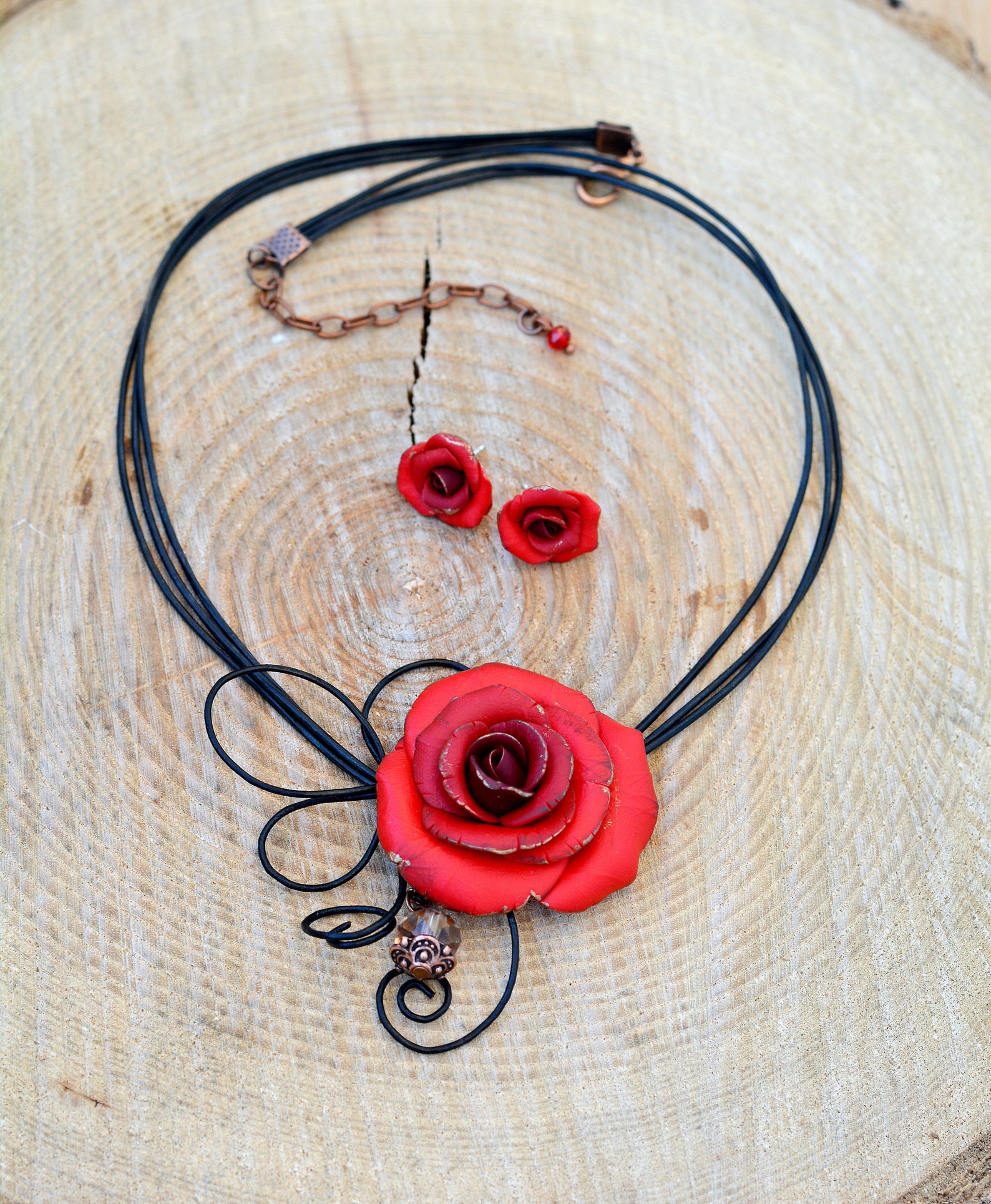 Red Rose Necklace Red Floral Necklace Red Rose Jewelry Set Anniversary ...