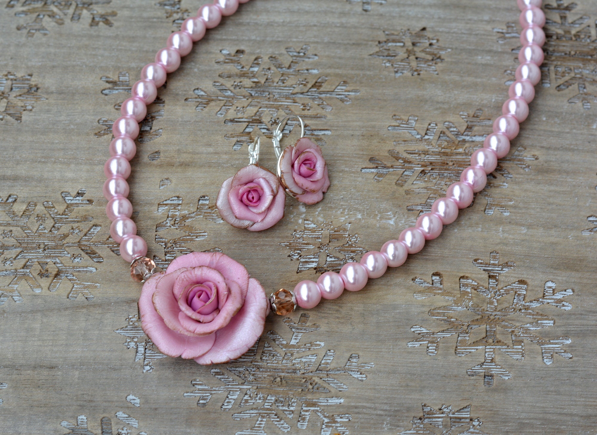 Pink Rose Necklace Pink Floral Necklace Flower Jewelry Pearl - Etsy