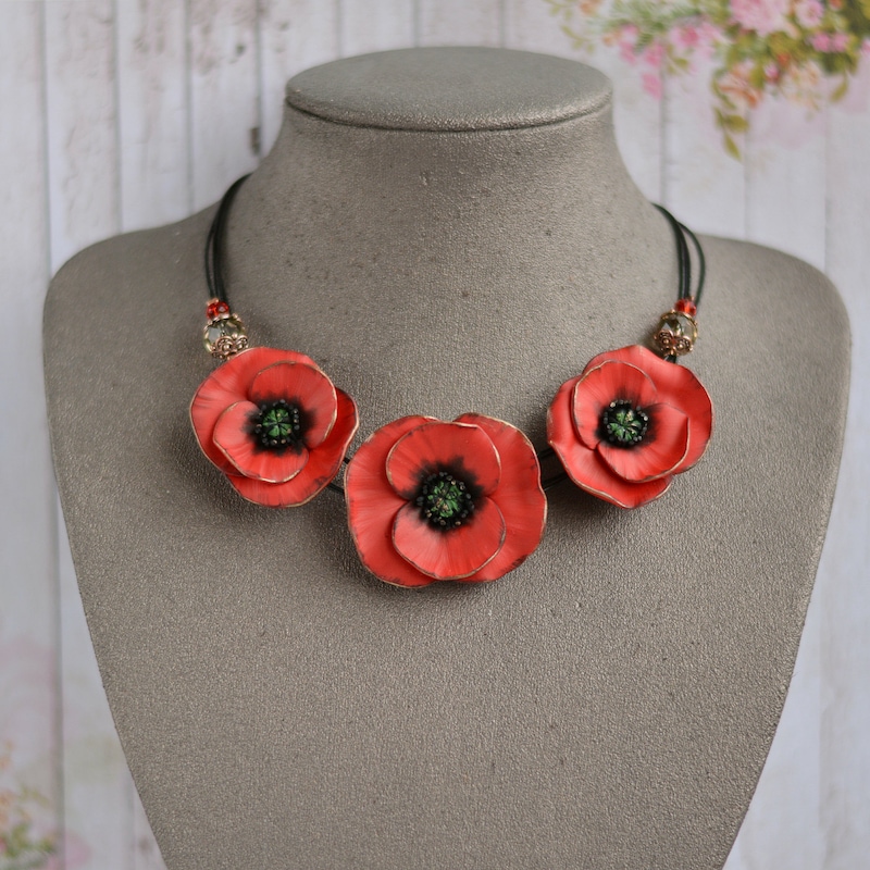 Red Flower Necklace - Etsy