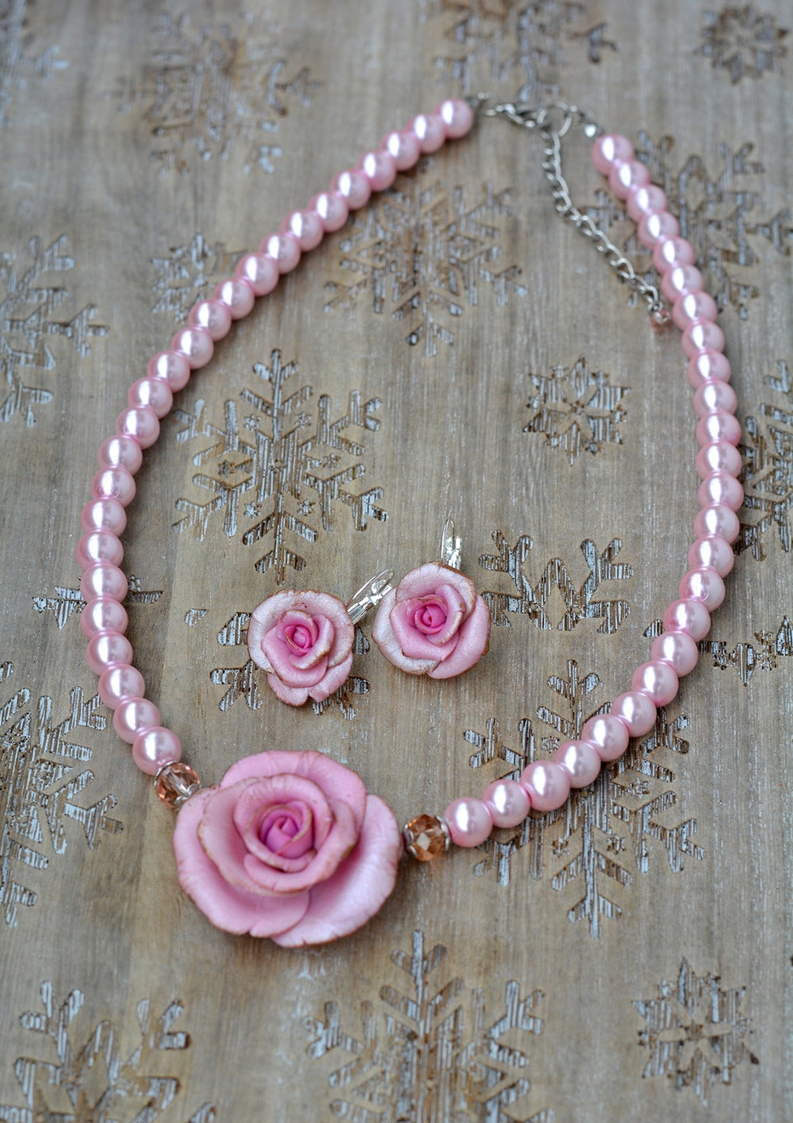 Pink Rose Necklace Pink Floral Necklace Flower Jewelry Pearl Necklace ...