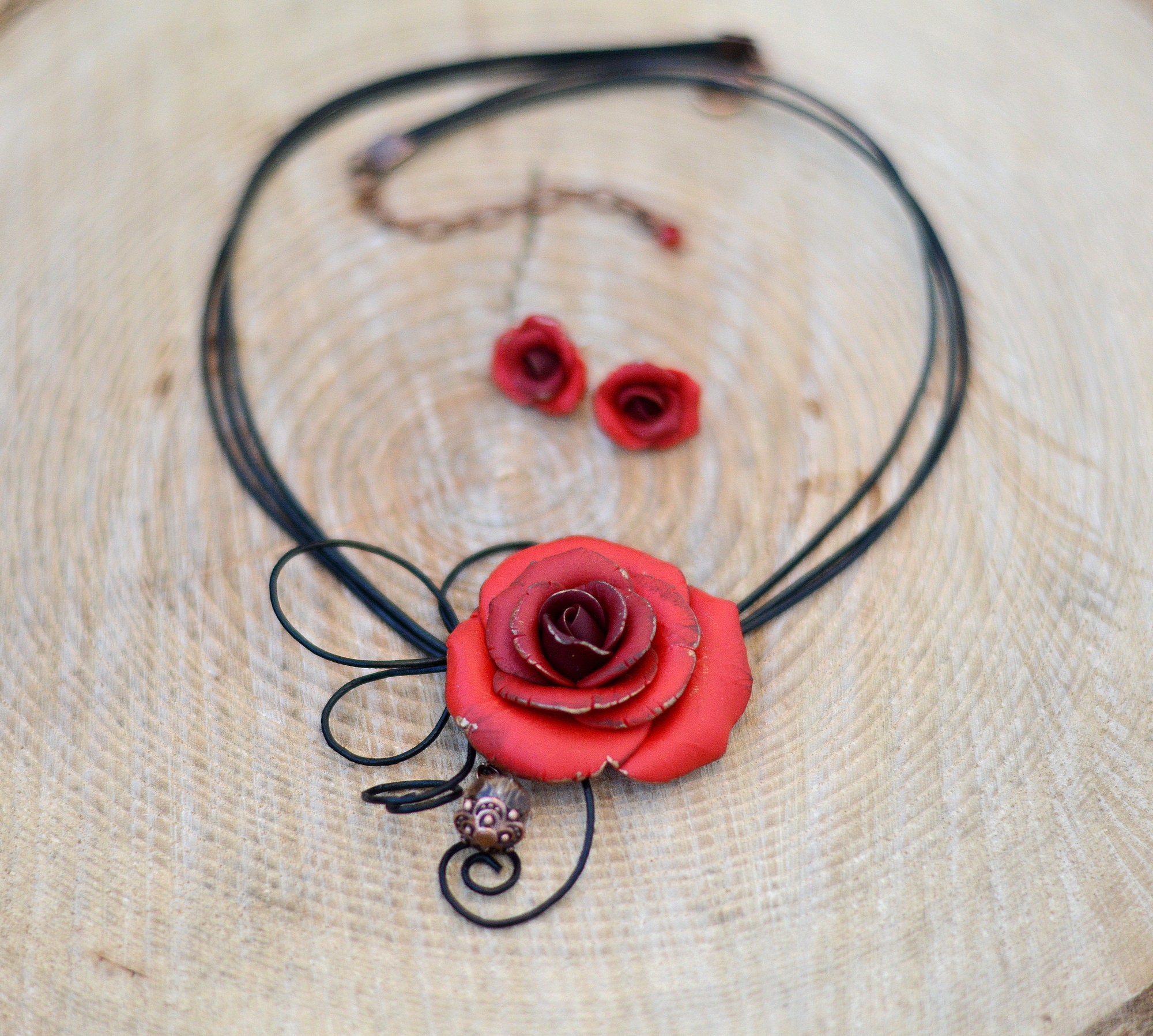 Red Rose Necklace Red Floral Necklace Red Rose Jewelry Set | Etsy