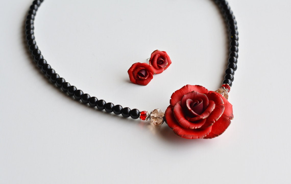 Statement Beaded Necklace Red Rose Necklace Red Black Jewelry Wedding ...