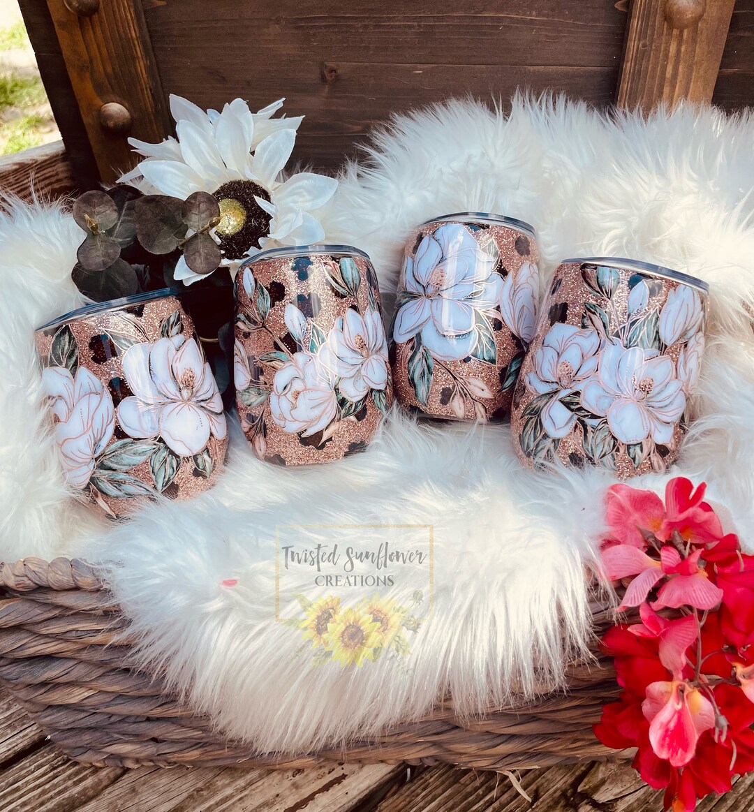 Magnolia Leopard Print Wine Tumbler, Rose Gold Tumbler, Watercolor ...