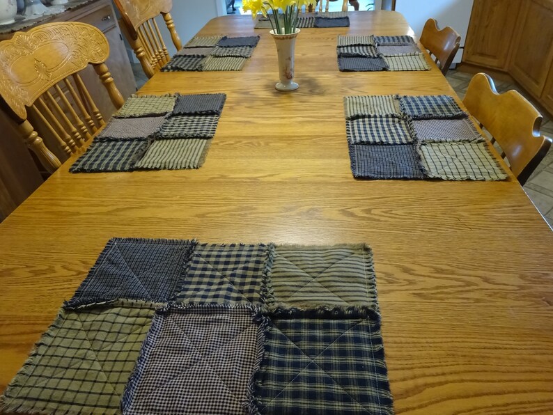 Blue Homespun Placemats, 6 Rag Quilt Placemats, Table Mats, Rag ...