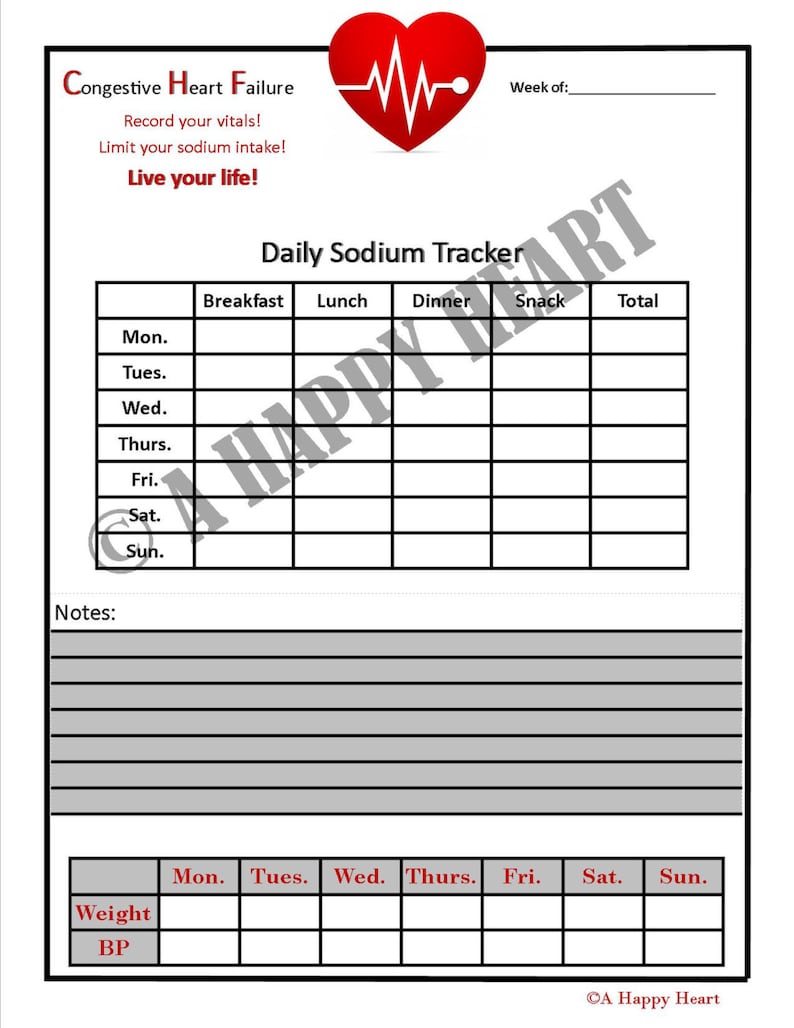 Congestive Heart Failure Daily Sodium and Vitals Tracker Pdf - Etsy