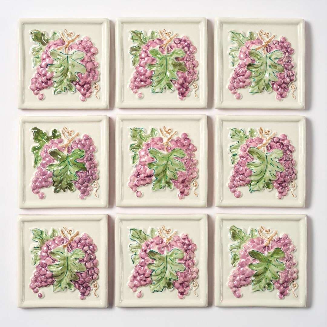 1980s Vintage Italian Raised Grapes on Ivory Tile, 11.5 Sq Ft Available ...