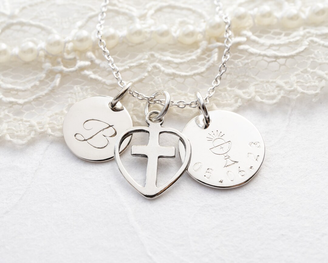 First Communion Necklace for Girl, Personalized With Initial and Date ...