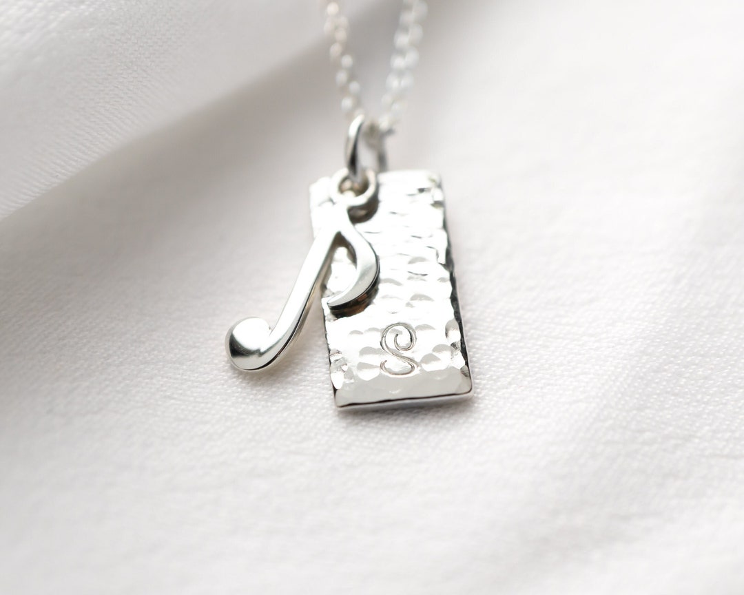 Personalized Musical Note Necklace, Sterling Silver, Hammered Initial ...