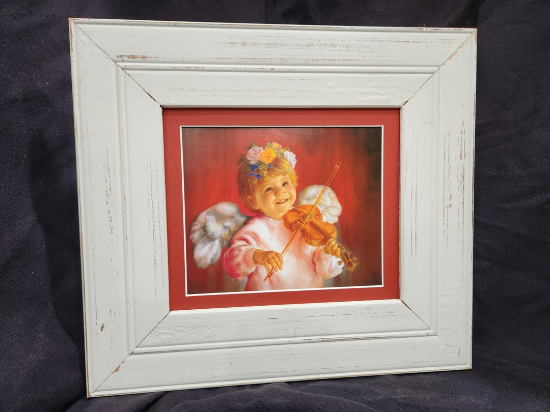 Baby Angel Playing Violin Framed and Matted Print in White Rustic Frame ...