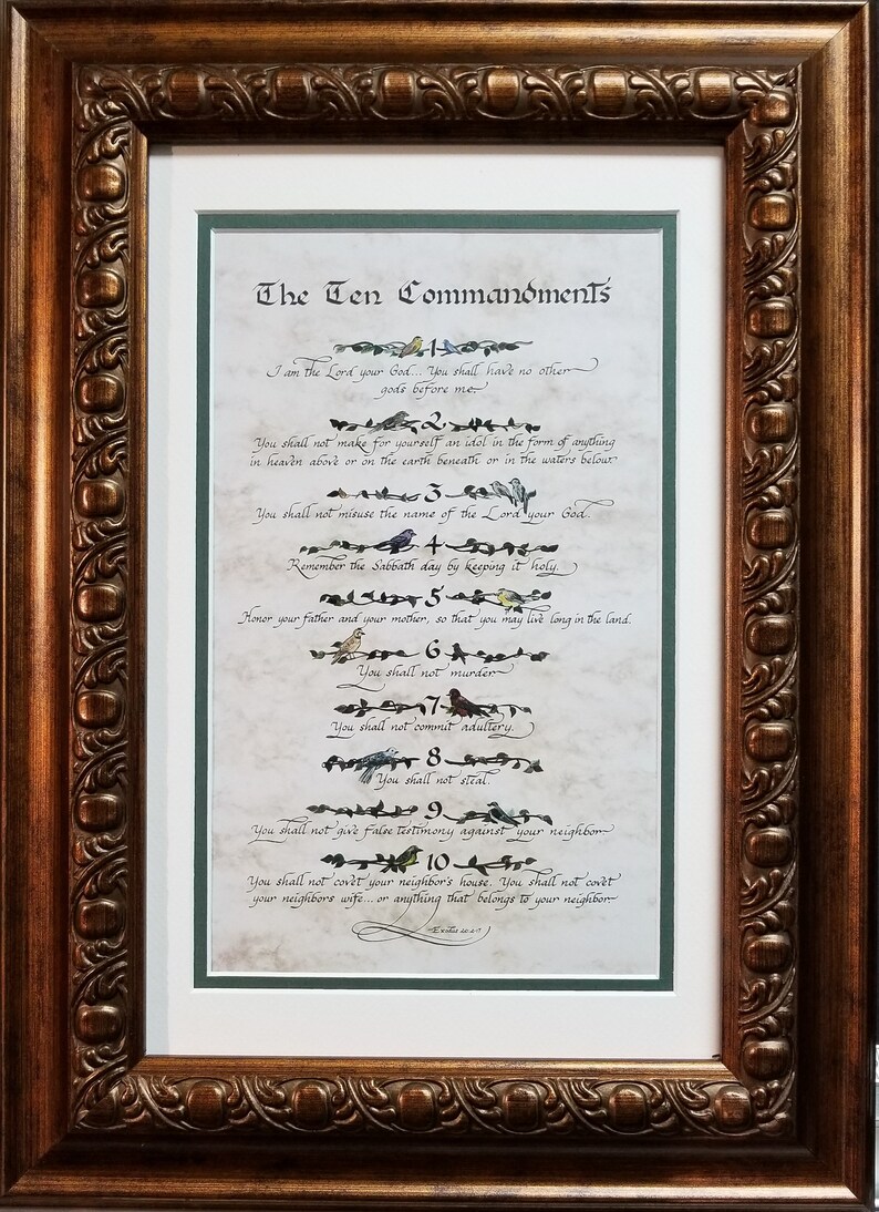 The Ten Commandments framed calligraphy print with birds with | Etsy