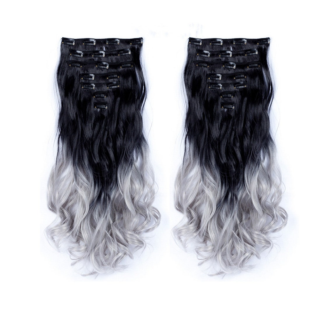 22 Inch Long Ombre Black With Silver Grey Clip in Hair Extensions in ...