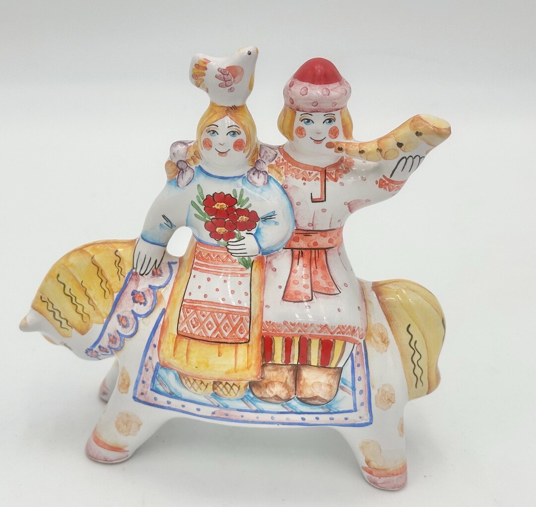 Natalia Pavlova Russian Folk Art Figurine Man Woman Horse Bird Horn Red ...