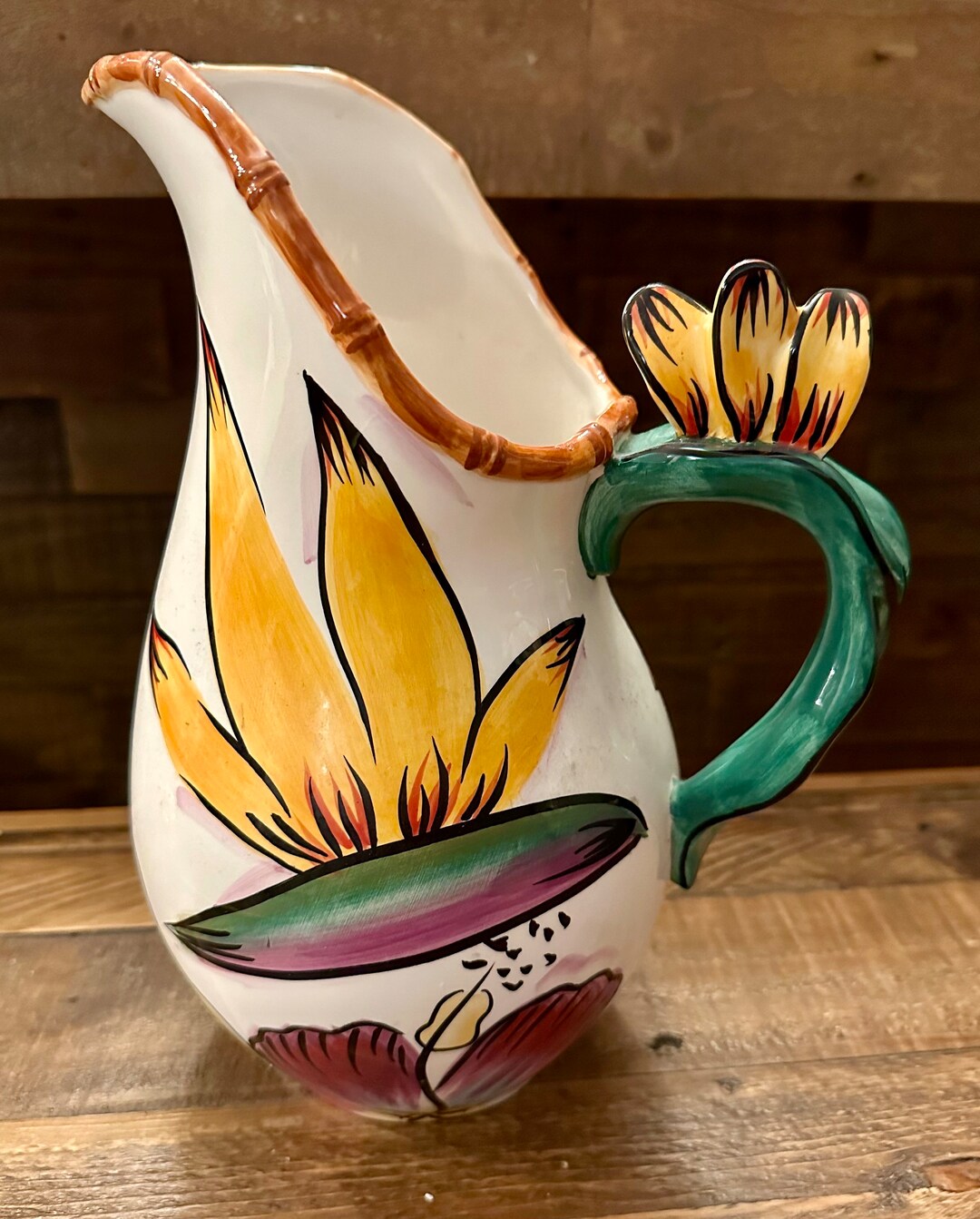 Clay Art Paradiso Pitcher Tropical Floral Majolica - Etsy
