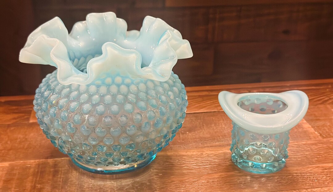 Fenton Blue Glass Opalescent Hobnail Squat Ruffle Vase Top Hat ...