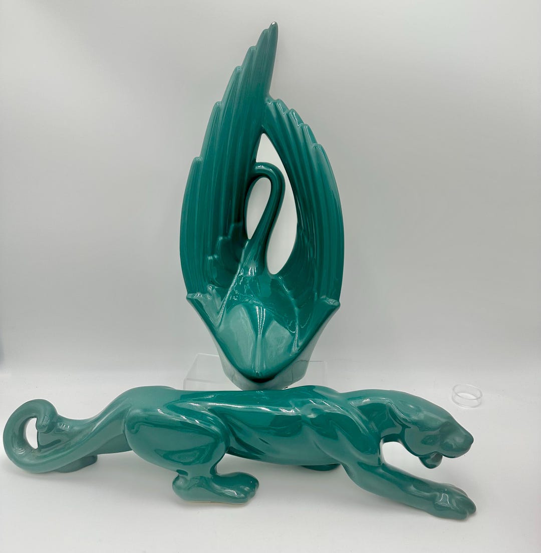 Haeger Pottery Teal 24” Panther or 20” Swan Statue Figurine Green Blue ...