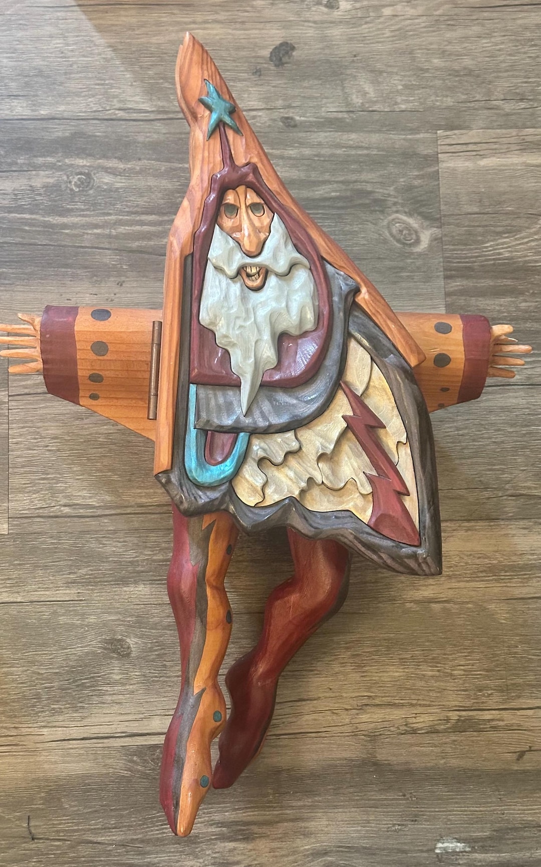 R.A Pitz Carved Solid Wood Wizard Gnome Cabinet Box Drawer 21” Folk Art ...