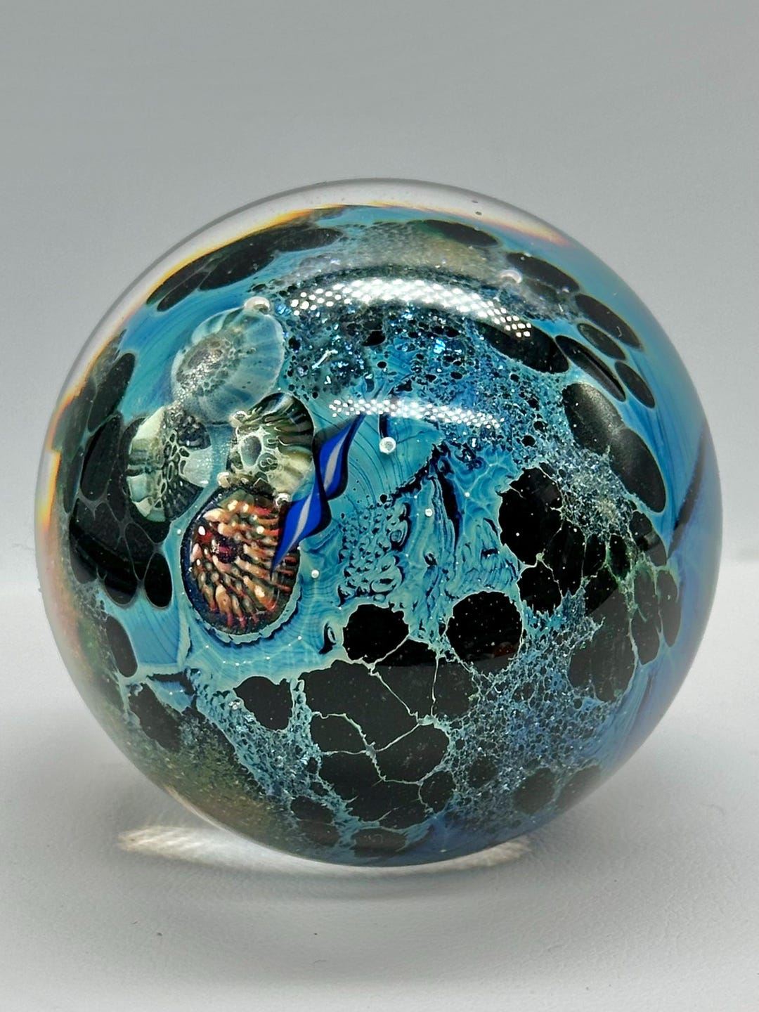 Josh Simpson Inhabited Planet Art Glass 1.75” Marble JS98 Paperweight Studio Blown Celestial ...