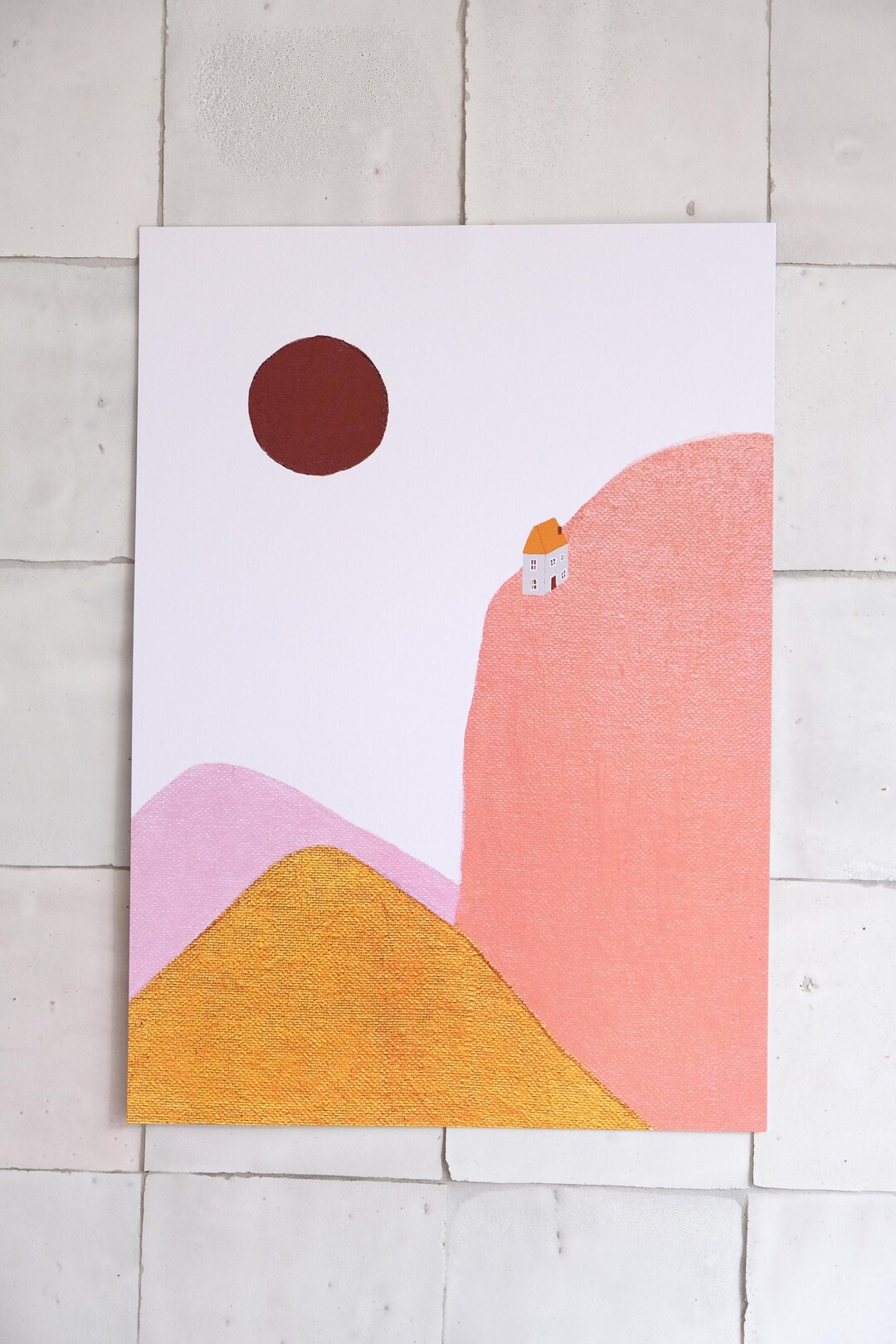 A4 Poster Berg Huis - Natuur Bergen Goud - Print van Schilderij ...