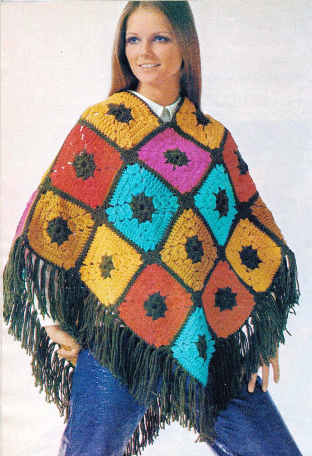 Crochet Granny Square Poncho Pattern -shawl Granny Square Cloak Fringe ...