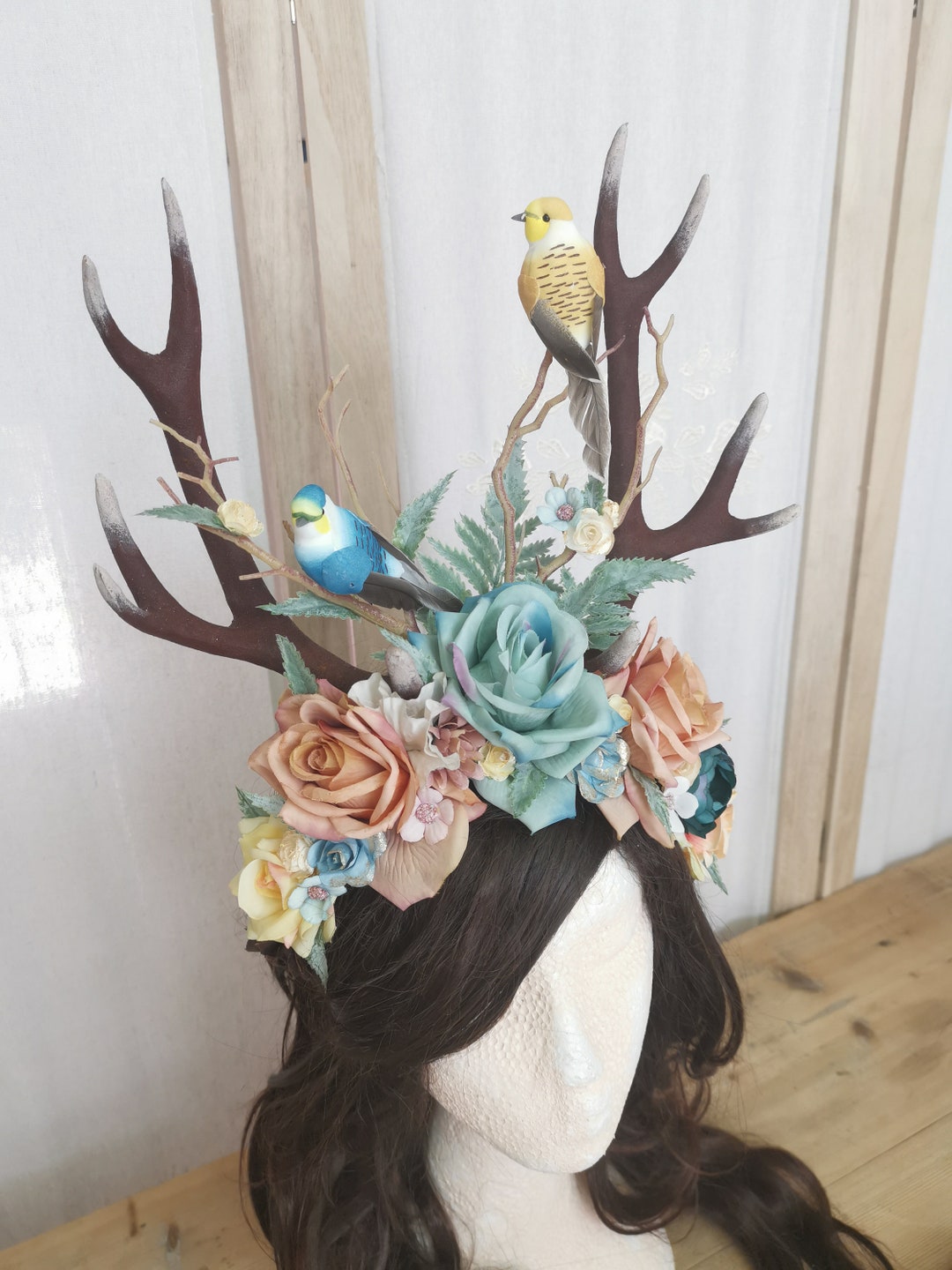 Headdress Deer Horns Faun Birds Pink Flowers Crown Driad Druid Costume ...