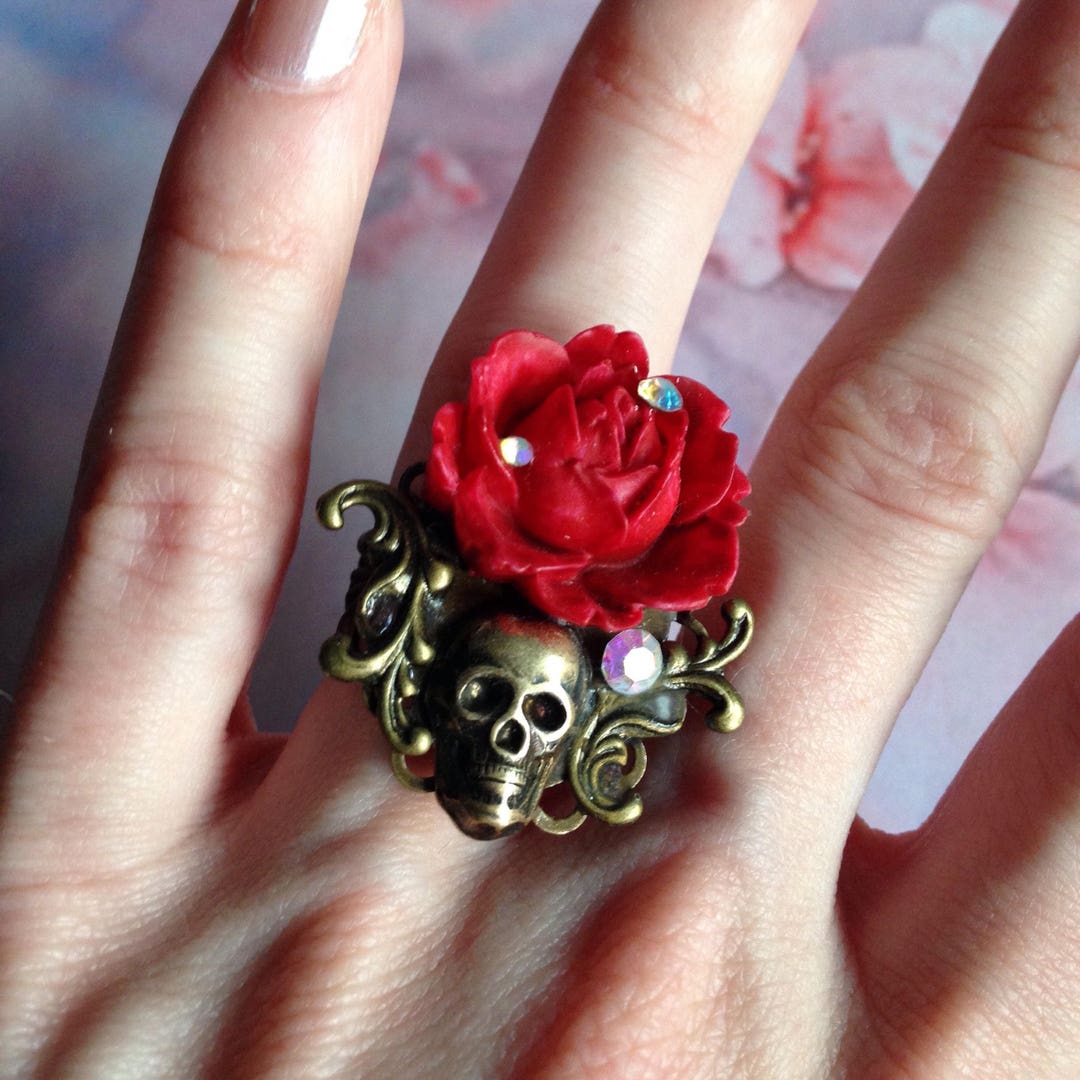 Ring All Sizes Red Rose and Skull - Etsy