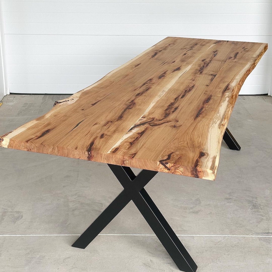 Live Edge Hickory Dining Table – Modern Steel Legs | Custom Lengths ...