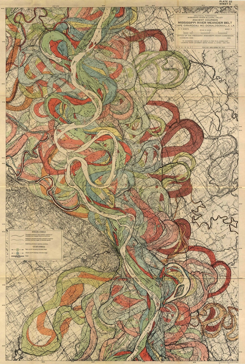 30" X 45", Mississippi River Map, Fine Art Print, Fisk River Meander ...