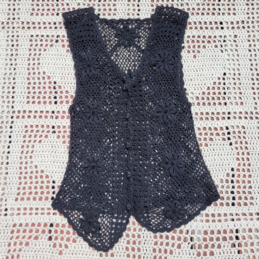 90s Black Crochet Vest With Seed Bead Embellishments, Vintage Black ...