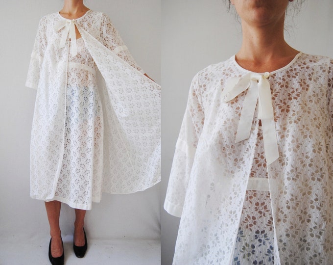 60s Lace Sleep Set With Nightgown and Robe, Vintage Sheer Lace Slip Set ...