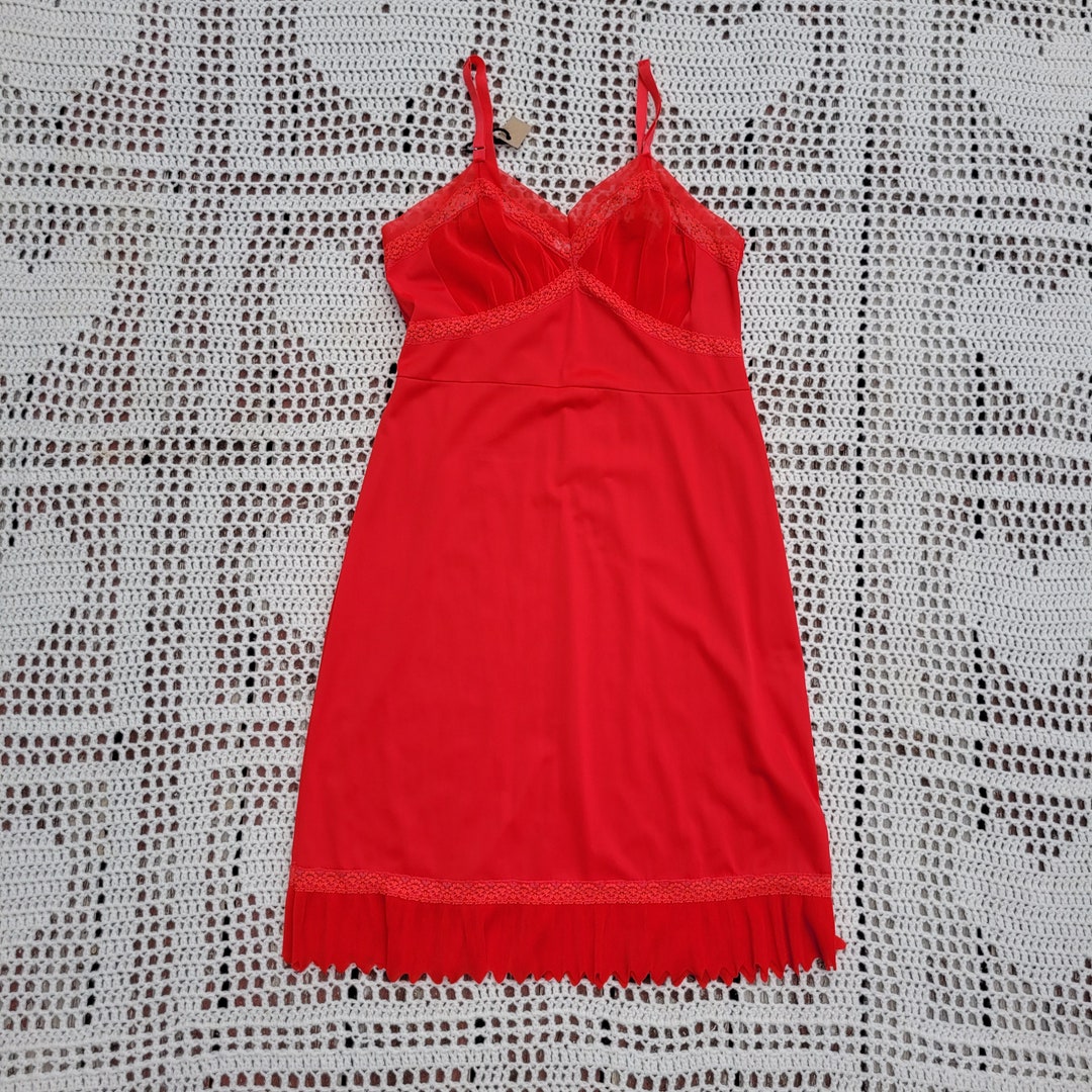 60s Crystal Pleat Slip With Lace and Micro Pleating, Vintage Bright Red ...