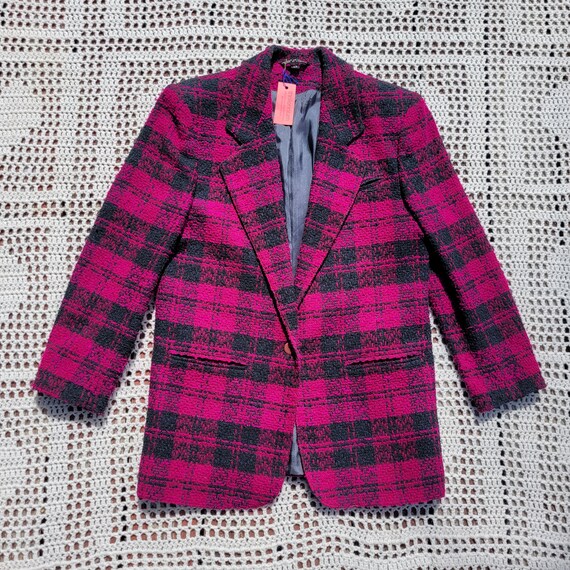 Vintage plaid tweed blazer in hot pink and black, box… - Gem