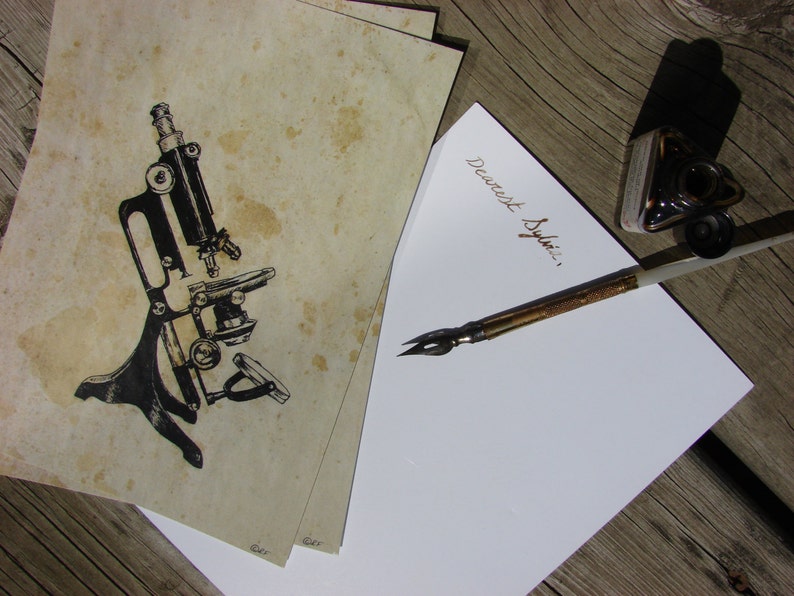 Pen and Ink Microscope Drawing Print 5x7 Vintage like Nerdy Science ...